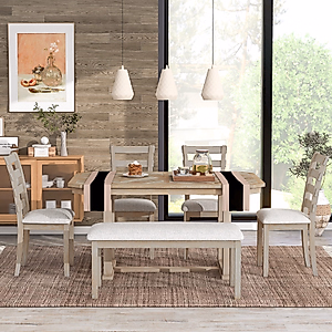 BIADNBZ 6-Piece Dining Table Set with Bench, Rectangular Tabletop Grain Pattern and 4 Chairs w/Soft Cushion, for Kitchen, Natural Wood Wash