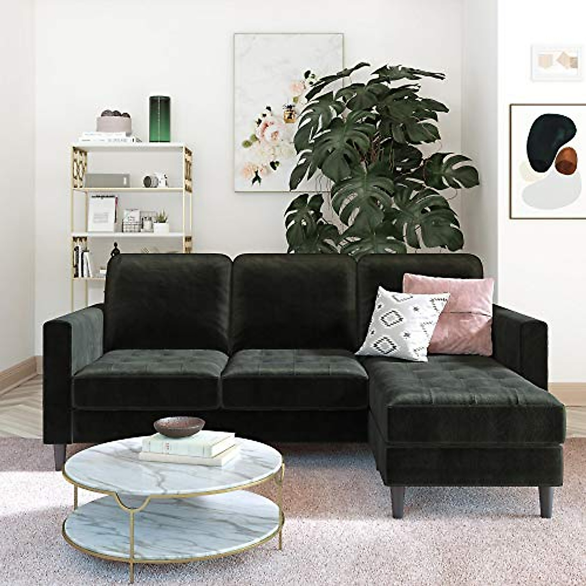 CosmoLiving by Cosmopolitan CosmoLiving Strummer Reversible Sectional Couch, Black Velvet Sofa (DA038-BK)