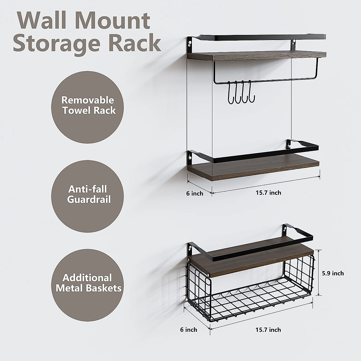 WXCGX Floating Shelves, Rustic Floating Shelves Wood Over Toilet with Paper Storage Basket, Farmhouse Wall Mounted Shelves Floating Shelf for Bathroom Bedroom Wall Decor Living Room Kitchen (3-Brown)