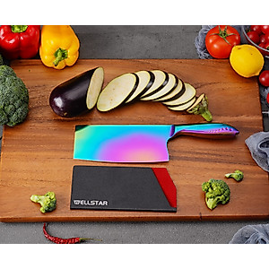 WELLSTAR Rainbow Meat Cleaver and Blade Guard, 7 inch Iridescent Chinese Meat Vegetable Butcher Knife, Super Sharp German High Carbon Stainless Steel Chef’s Kitchen Knife with Ergonomic Handle