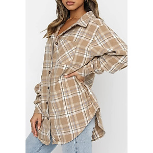 CHYRII Women's Flannel Plaid Shirts Long Sleeve Button Down Shacket Jacket Coat Outwear Fall Clothes Tan XXL