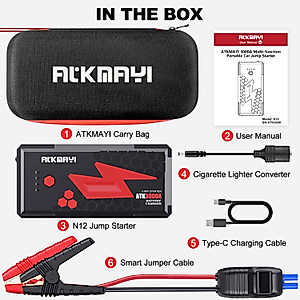 3000A Peak Car Battery Jump Starter, Up to 10.0L Gas and 8.0L Diesel Engines, ATKMAYI 20000mah Car Battery Booster Pack, Portable Jump Starter Box with Type-C Quick Charger 3.0 and LED Light