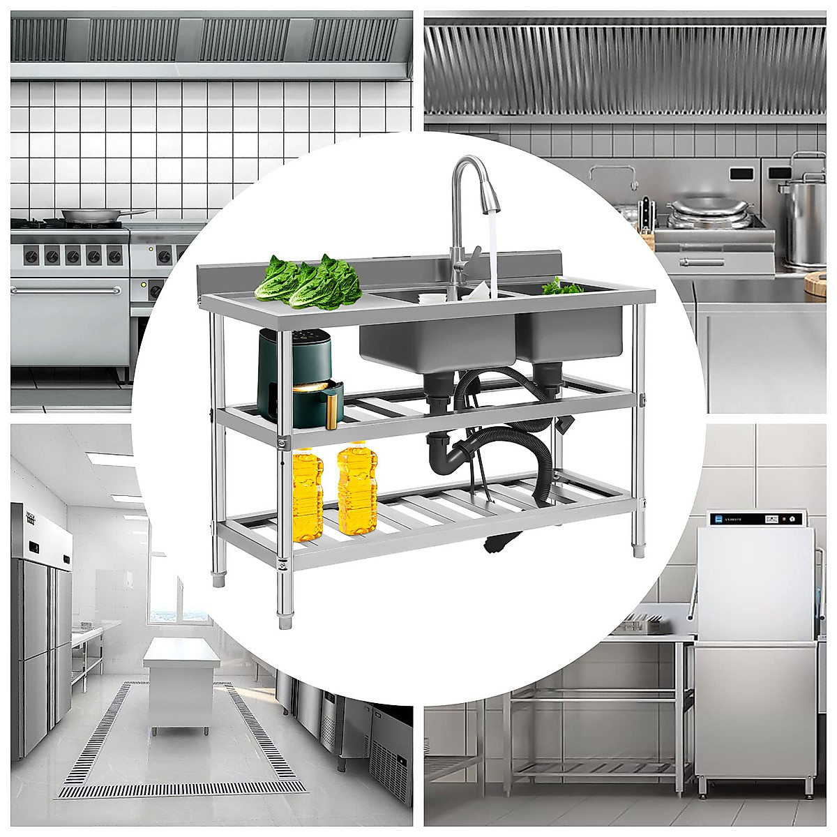 Free Standing Commercial Kitchen Sink 2 Compartment Stainless Steel Prep & Utility Sink 201 Stainless Steel Freestanding Kitchen Sink for Restaurant, Kitchen, Outdoor (Dual Bowl Style w/Baffle)