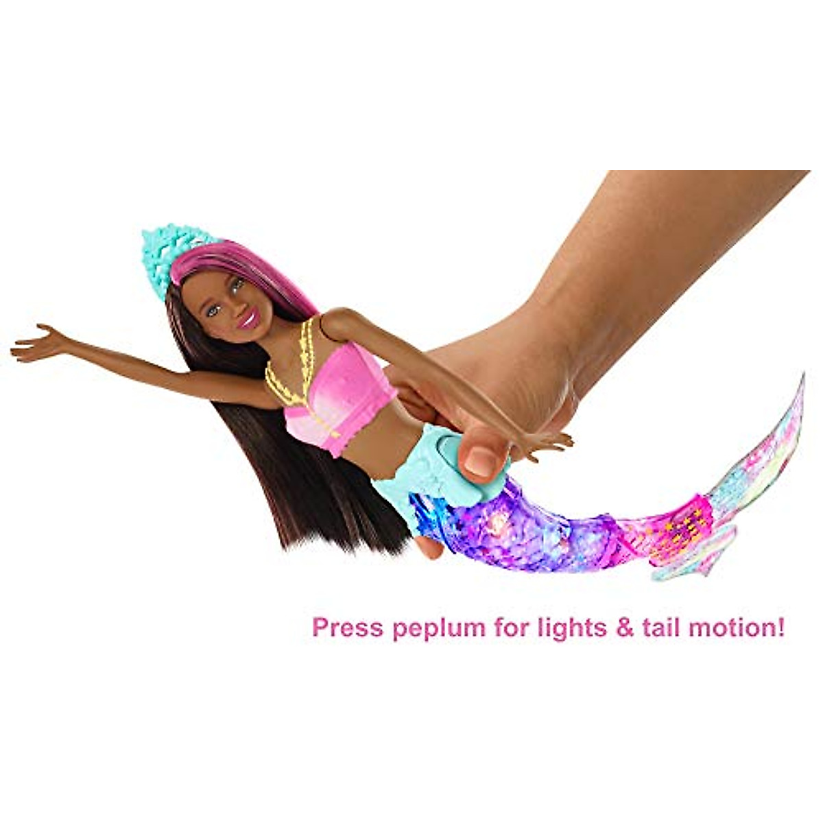 Barbie Dreamtopia Sparkle Lights Mermaid Doll with Swimming Motion and Underwater Light Shows, Approx 12-inch with Pink-Streaked Brunette Hair, Gift for 3 to 7 Year Olds