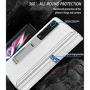 COCOING for Samsung Galaxy Z Fold 3 Case with Pen Holder,Hinged Cover Built-in with Pen Slot,with Screen Protector&Adjustable Bracket,Leather Cover Case for Galaxy Z Fold 3 (Silver)