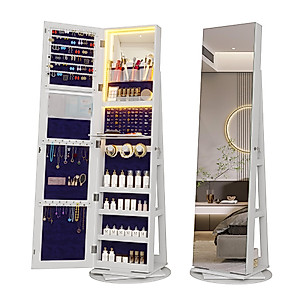 Vlsrka LED Jewelry Armoire with Full Length Mirror 360° Rotating, Jewelry Cabinet Large Standing Lockable Mirror Jewelry Organizer with Inner Makeup Mirror & Soft Velvet for Living Room Bedroom