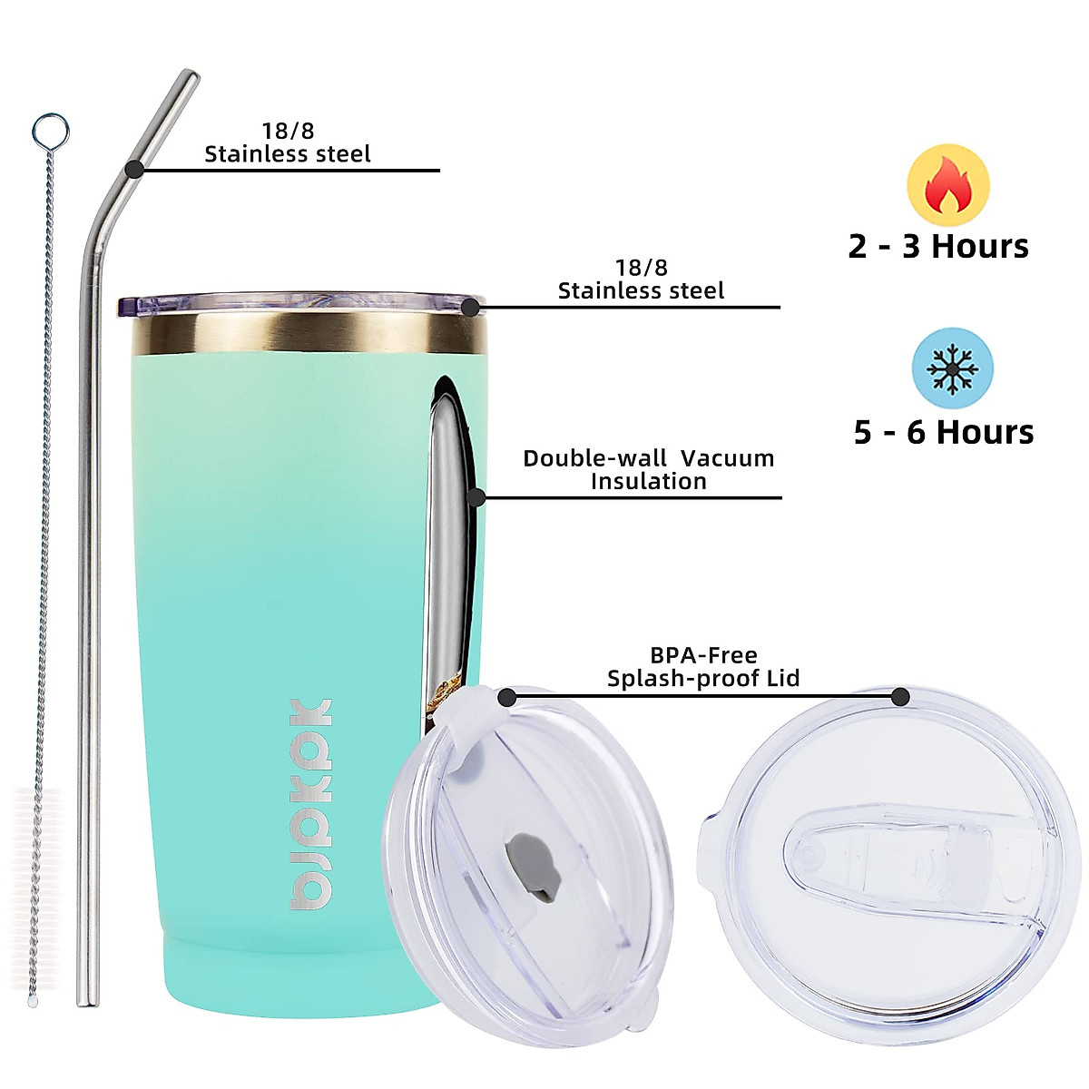 BJPKPK 20 oz Insulated Tumbler Stainless Steel Color Block Coffee Mug Vacuum Double Wall Thermal Travel Cup With Lids And Straw,Mint