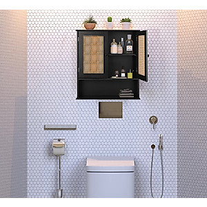 Bathroom Medicine Cabinet Wall Mounted,Black Rattan Storage Cabinet,Towel Cabinet for Bathroom Storage Over the Toilet,Floating Cabinet for Small Spaces,Hanging Cabinet for Kitchen Laundry Living Room