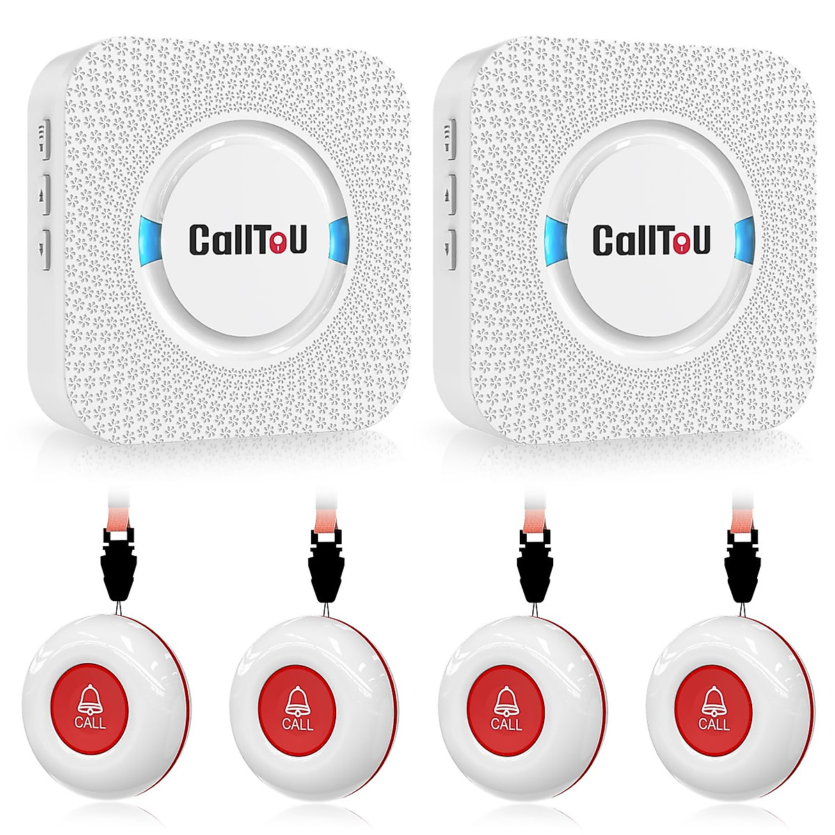 CallToU Wireless Caregiver Pager Smart Call System 4 SOS Call Buttons/Transmitters 2 Receivers Nurse Calling Alert Patient Help System for Home/Personal Attention Pager 500+Feet Plugin Receiver