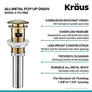 KRAUS Pop-Up Drain with Overflow in Brushed Gold, PU-11BG
