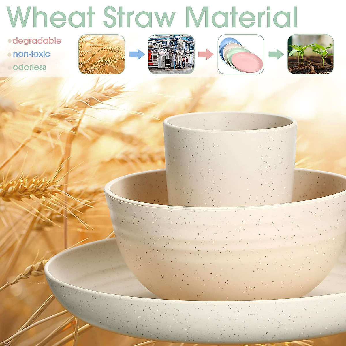 64 Pcs Wheat Straw Dinnerware Sets Unbreakable Dinnerware Set Plastic Dishes Set Reusable Lightweight RV Camping Bowls Dishes Plates Cups Set Microwave Safe Dinnerware for Kitchen Indoor