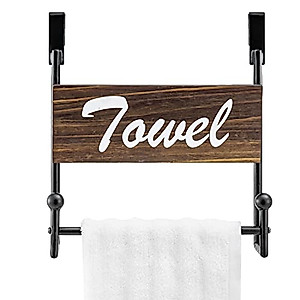 MyGift Industrial Matte Black Metal Over Cabinet Door Hand Towel Bar Holder with Decorative Burnt Wood Cursive Towel Sign