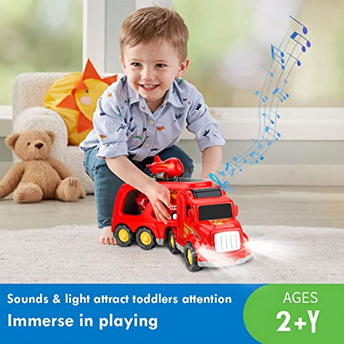 SLENPET Fire Truck Toys for 3 4 5 Years Old Boys Kids Toddlers, Vehicles Toy Set with Light and Sound, Large Transport Cargo Truck, Small Helicopter, Airplane, Emergency Rescue Cars, 5 in 1 Playset