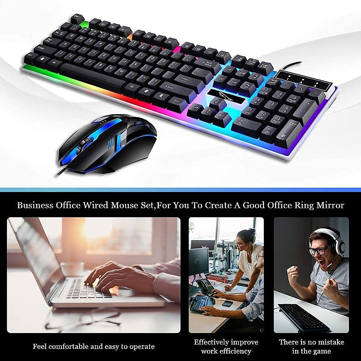 Rainbow Gaming Keyboard Mouse Combo Wired, Backlit Mechanical Keyboard LED 104 Keys USB Mechanical Gaming Keyboard for Computer PC Gamer (Black)