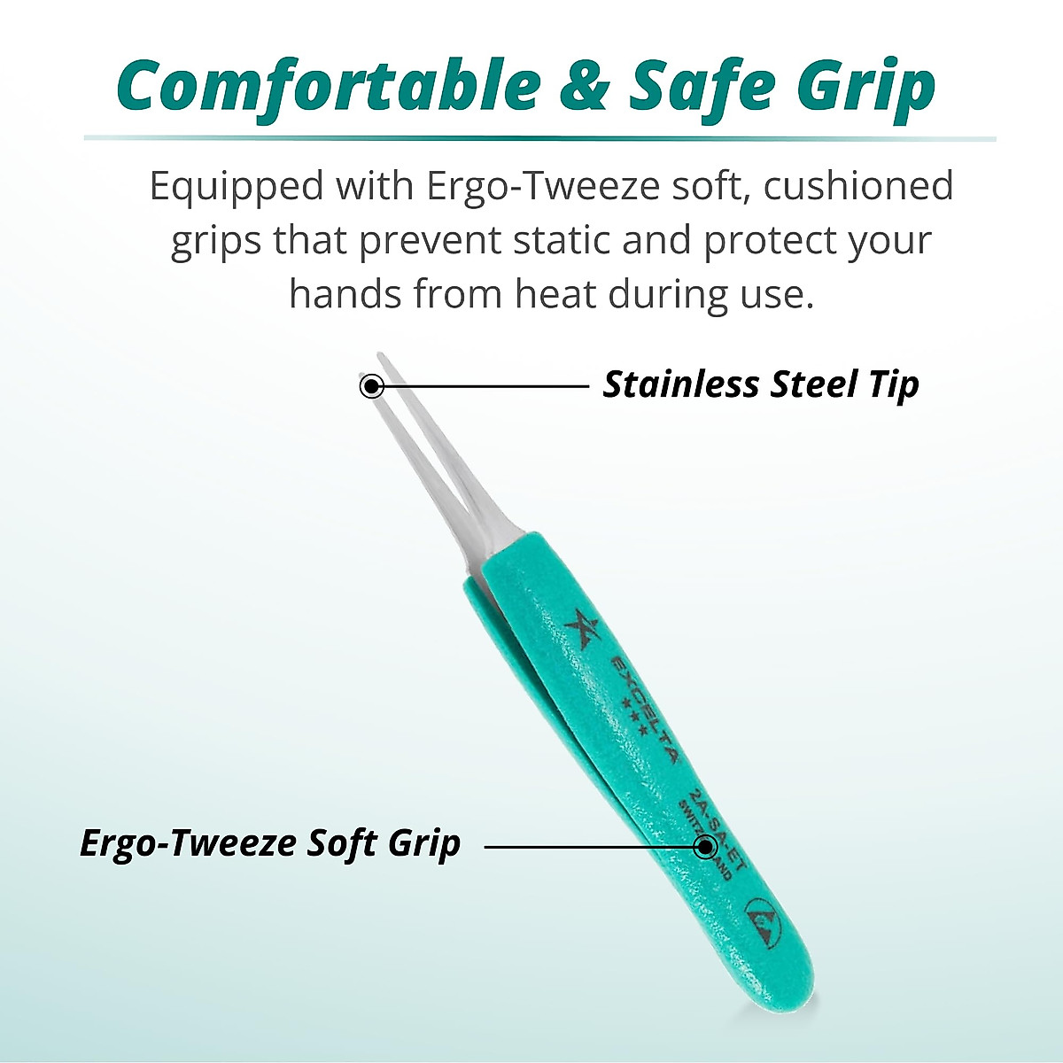 Excelta Stainless Steel Tweezers, 5.25" Straight Tapered Flat Point, Anti-Static Cushioned Grip for SMD, Electronics & Lab Use, Professional