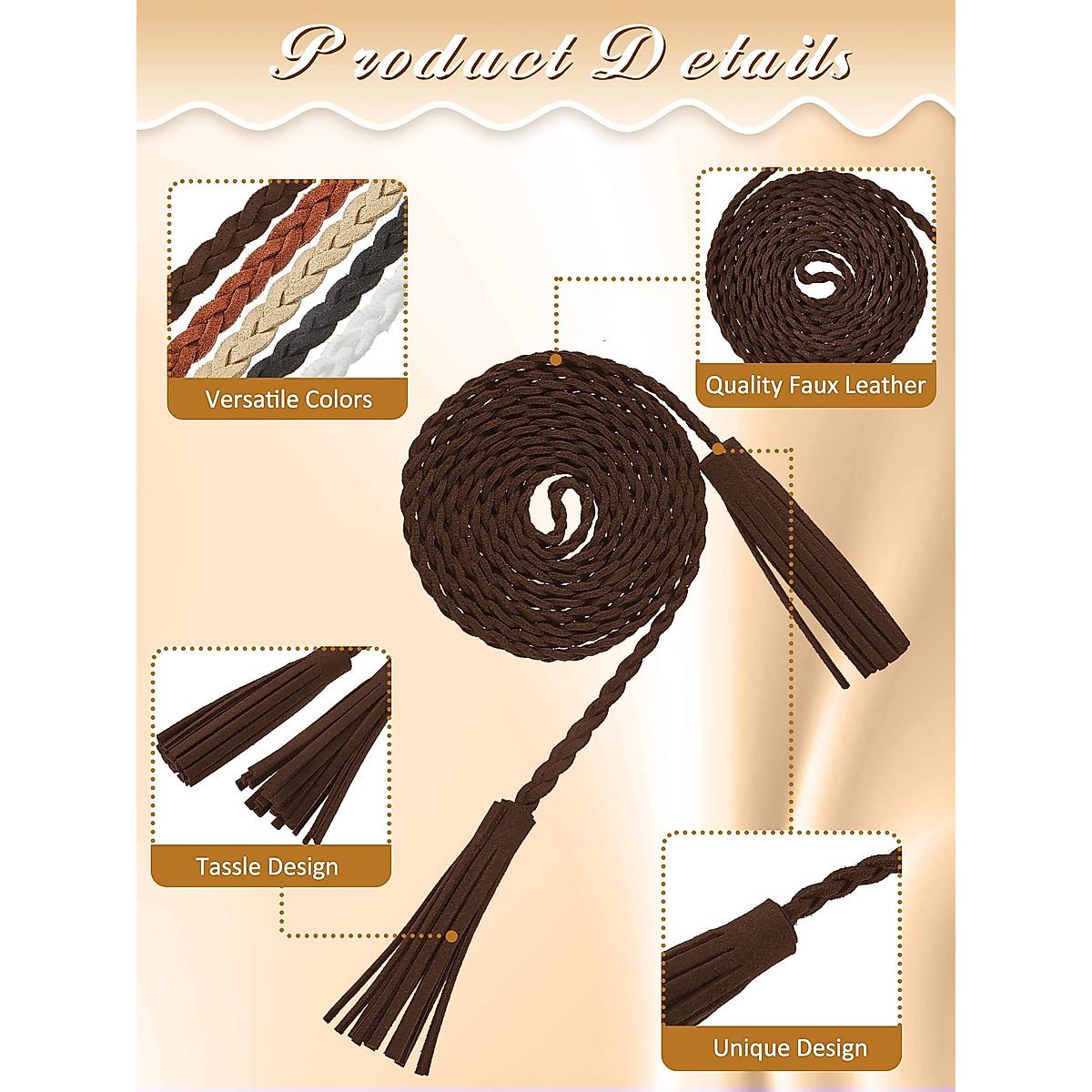 Geyoga 5 Pieces Rope Belt for Women Skinny Woven Boho Belt Braided Belt Stretch Thin Tassel Waist Belt Rope Chain Accessories for Skirt Dress, Christmas Party