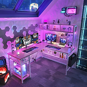 Unikito L Shaped Computer Desk with LED Strip and Power Outlets, Reversible L-Shaped Corner Desk with Storage Shelves and Bag, Industrial Home Office Desk Gaming Table with USB Port, Pink