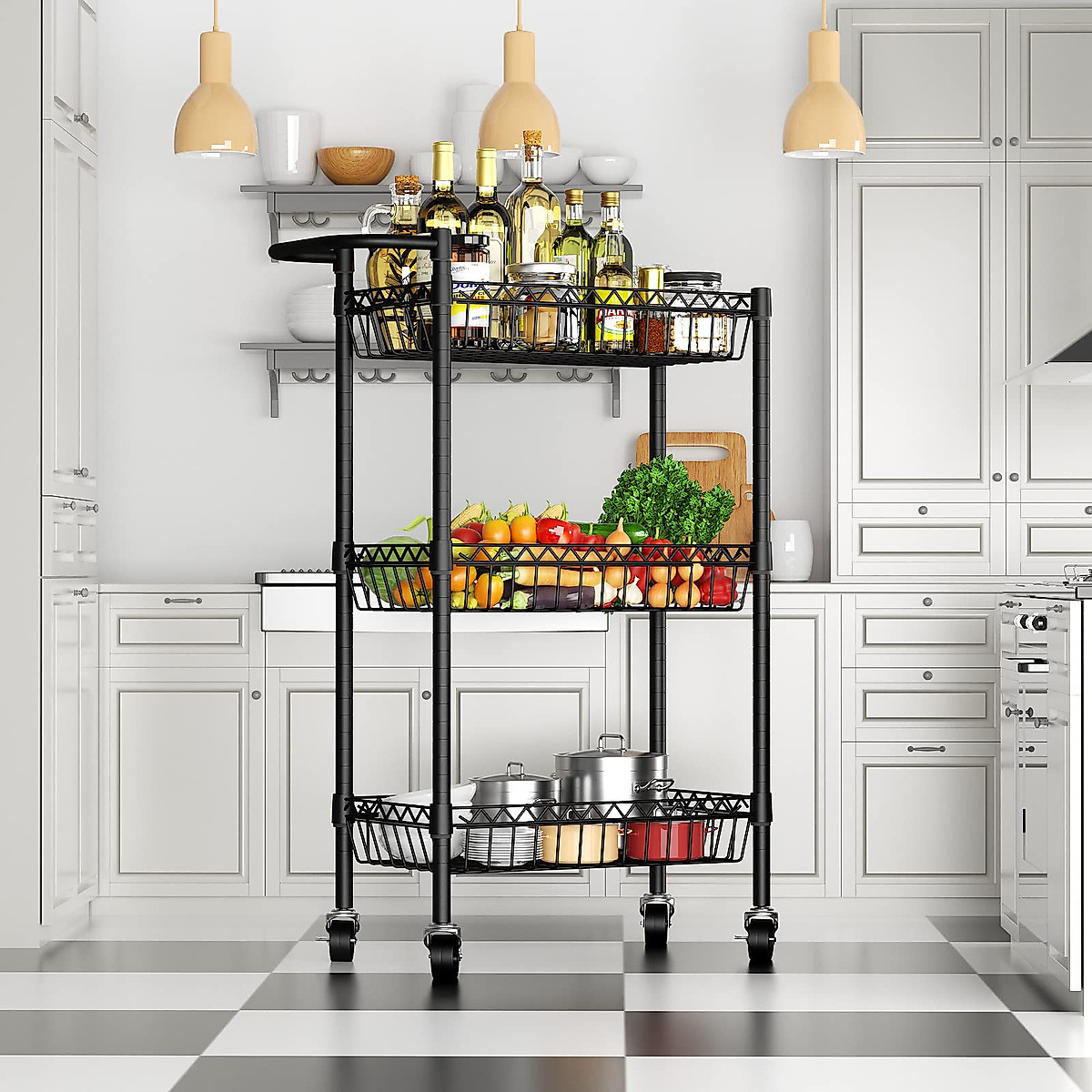 SINGAYE 3-Tier Utility Mesh Basket Cart with Handle,170LBS Load Capacity Evenly Distributed,Metal Storage Basket Cart,Black, 17.29" W X 11.4" D X30.26 H