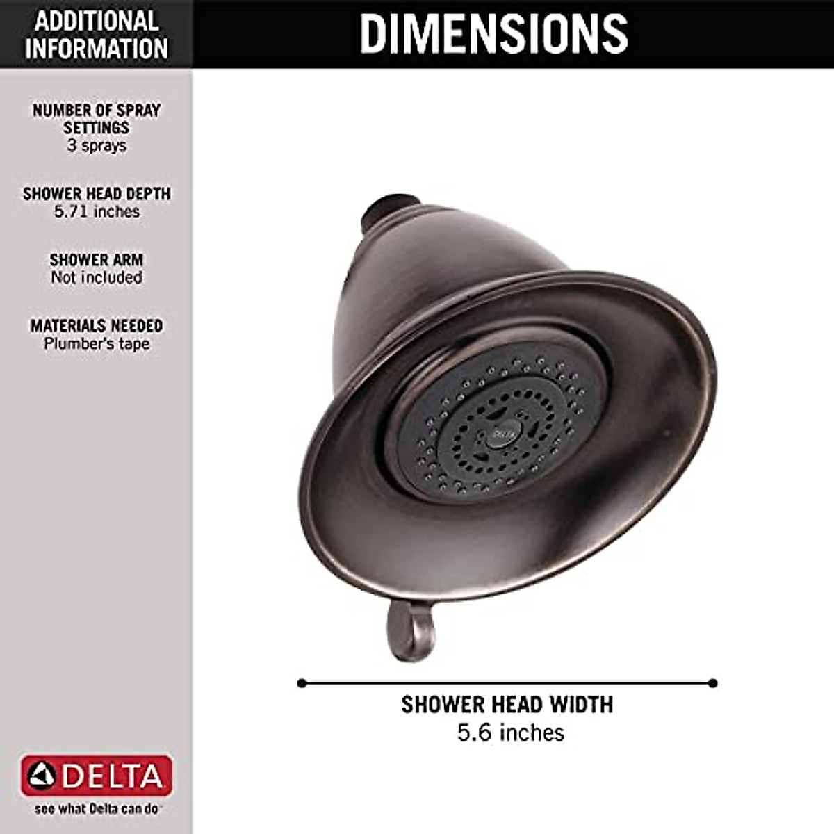 Delta Faucet 3-Spray Shower Head, High Pressure Shower Head Oil Rubbed Bronze, Massage Shower Head, High Flow Shower Head, Venetian Bronze RP34355RB
