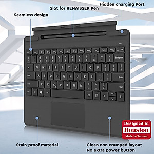 RENAISSER Pelican K8 Keyboard for Surface Pro 9/8/X, Designed in Houston, Hidden Charging Port, Pen Slot Pens, Smart Power Management, Backlight, Original Surface Pro Keyboard Layout