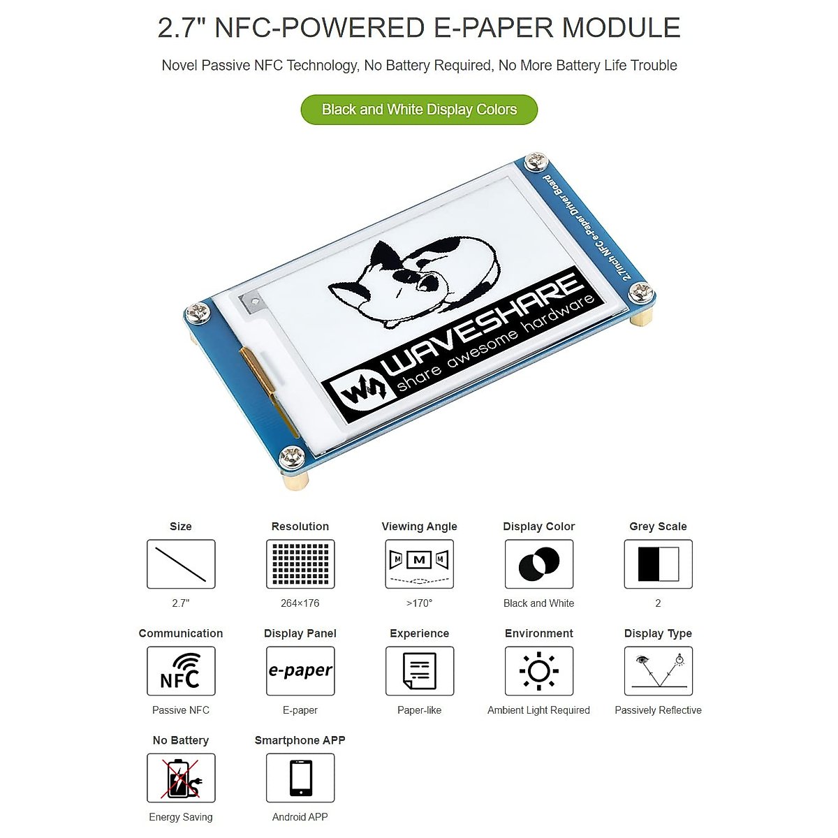 Waveshare 2.7inch Passive NFC-Powered E-Paper Module No Battery Wireless Powering & Data Transfer Provides Android APP Black and White Display