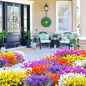 Artificial Fake Flowers, 4 Bundles Outdoor UV Resistant Greenery Shrubs Plants Indoor Outside Hanging Planter Home Garden Décor（Purple）