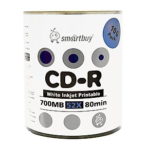 Smart Buy CD-R 1200 Pack 700mb 52x Printable White Inkjet Blank Recordable Discs, 1200 Disc, 1200pk