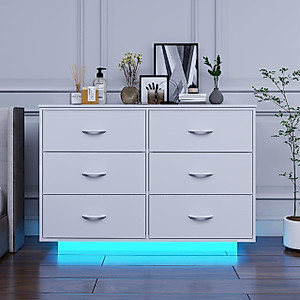 Tohomeor Dresser with Power Outlet & LED Lights, Modern Chest of Drawers for Closet, Fabric Drawers with PU Finish Small TV Console Table Dresser for Bedroom Living Room (White, 6 Drawers)