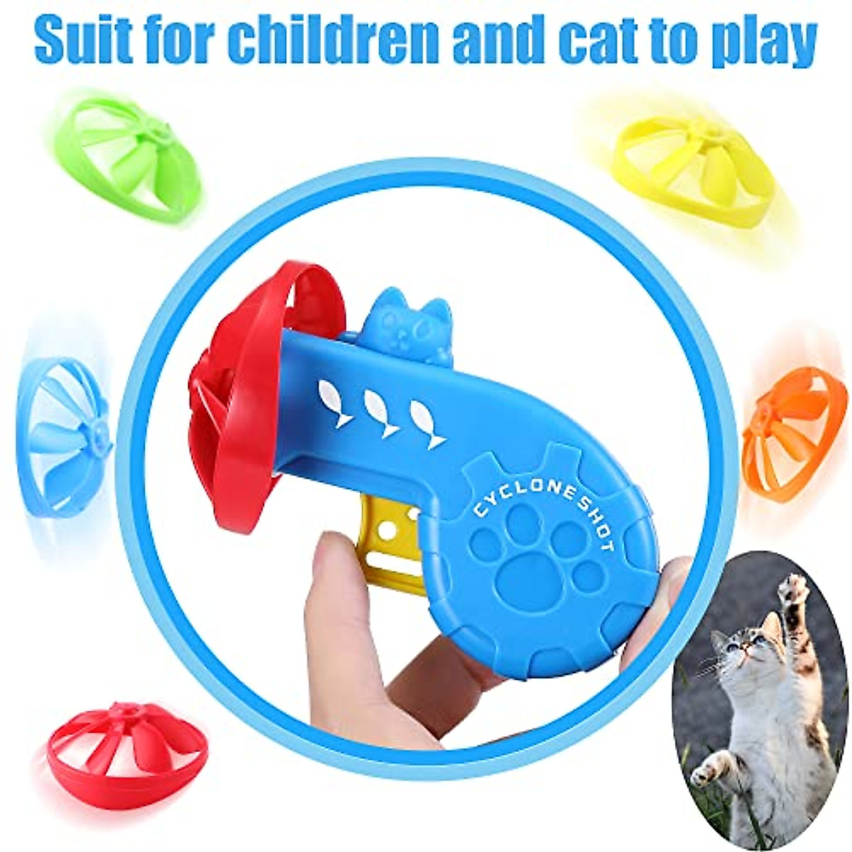 18 Pieces Cat Fetch Tracking , Interactive Toys with 5 Colors Flying Propellers for Indoor Pet Cat Kitty Training Chasing (Blue Cat Theme Design)