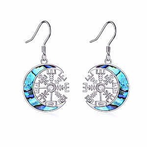 Viking Compass Earrings Sterling Silver Abalone Shell Moon Compass dangle Drop Earrings for Women Norse Earrings Gifts for Nordic Pagan