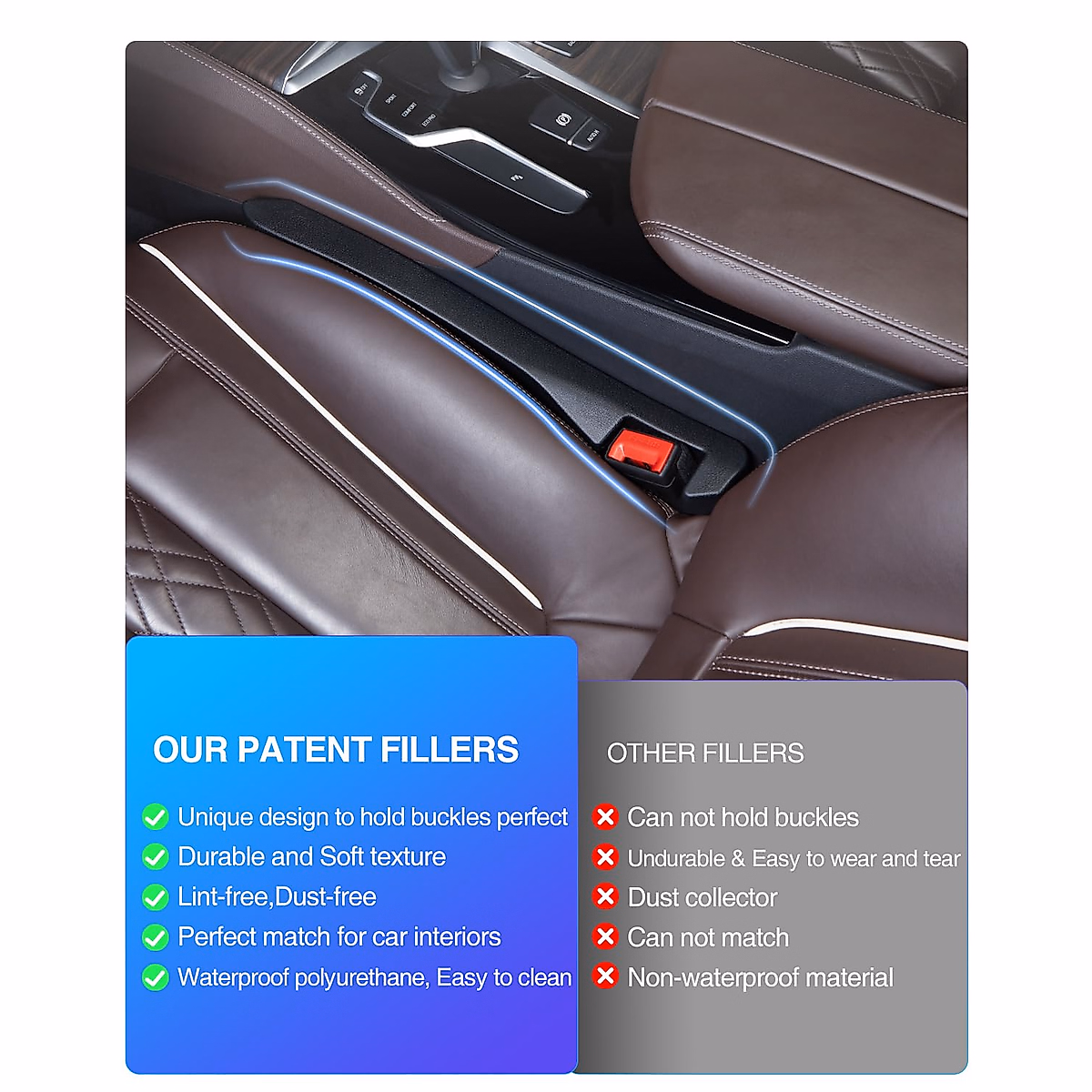 Homaupt Car Seat Gap Filler, 2 Pack PU Leather Fill The Gap Between Seat and Center Console, Seat Crevice Blocker Stop Things from Dropping, Universal Vehicle Interior Accessories for Car SUV Truck