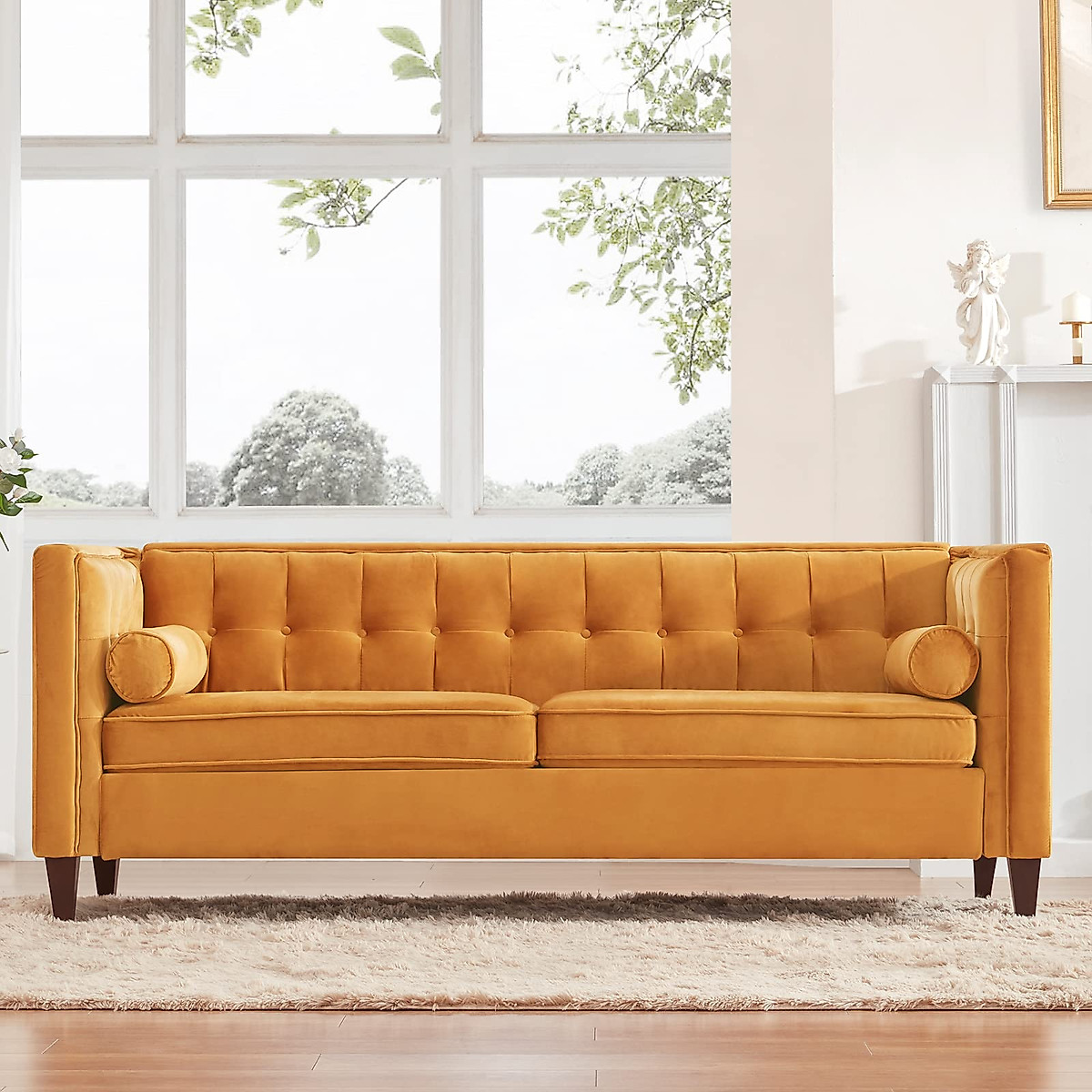 Dreamsir 58'' W Velvet Sofa, Mid-Century Modern Love Seats Sofa Furniture with Two Bolster Pillows, Button Tufted Couch for Living Room, Easy Assembly (Loveseat, Ginger)