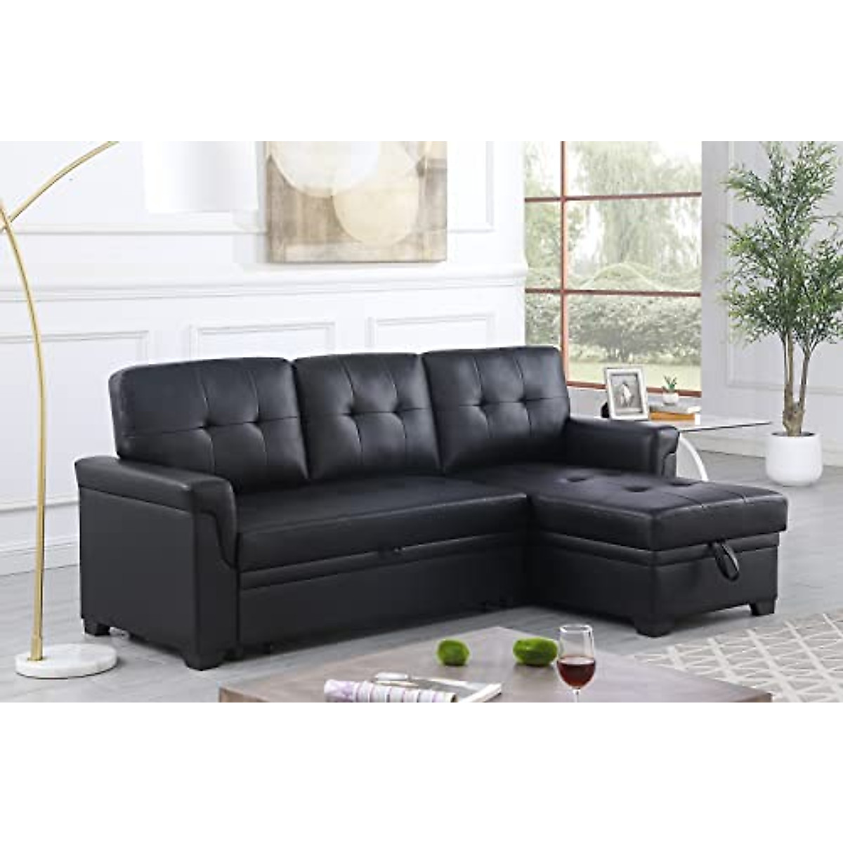 KELRIA L-Shape Reversible PU Leather Sleeper Sectional Sofa with Storage Chaise, Modern Corner Couch with Arms for Living Room, Home Furniture, Apartment, Dorm, Black