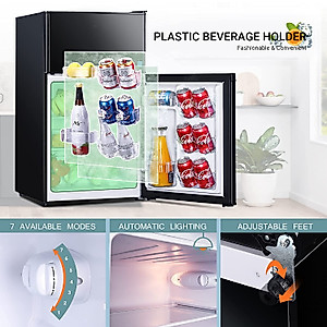 Mini Fridge with Freezer, 3.1 Cu.Ft Refrigerator 2 Doors, Unique Shelf Design, with LED Light, Adjustable Control Thermostat, Small Refrigerator for Bedroom, Office, Dorm, Garage, Black - ‎HPBFR310