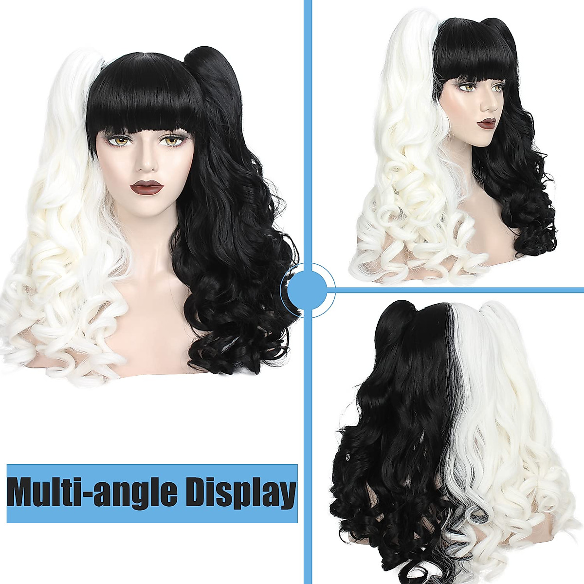 WeKen Long Curly Cosplay Wig with Pigtails Lolita Detachable Ponytail Wig for Women Girls Halloween Costume Party (Black and White)