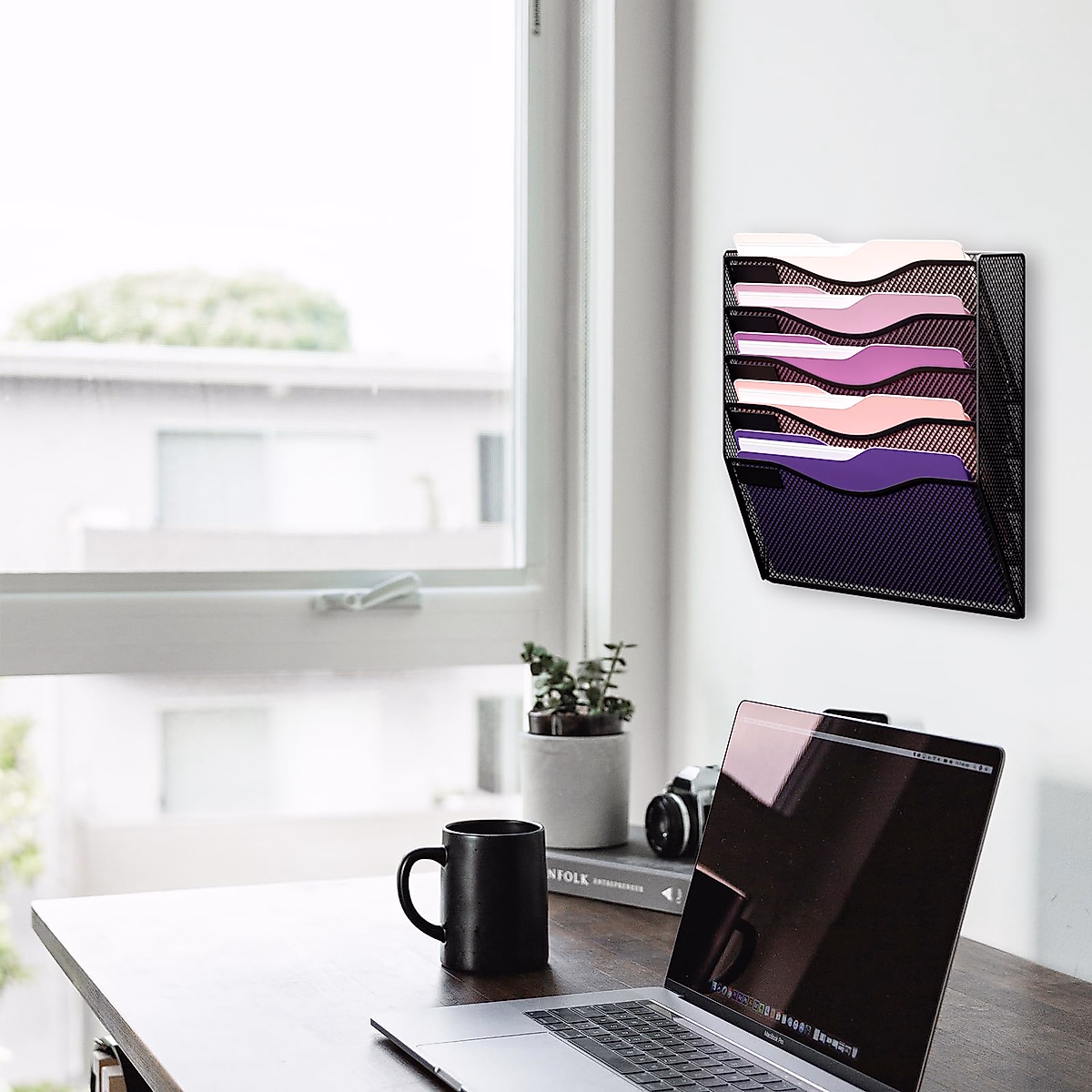 JessYo Office 5 Pocket Mesh Wall File Holder Hanging Folder Organizer Wall Mounted Magazine Document Rack, Black