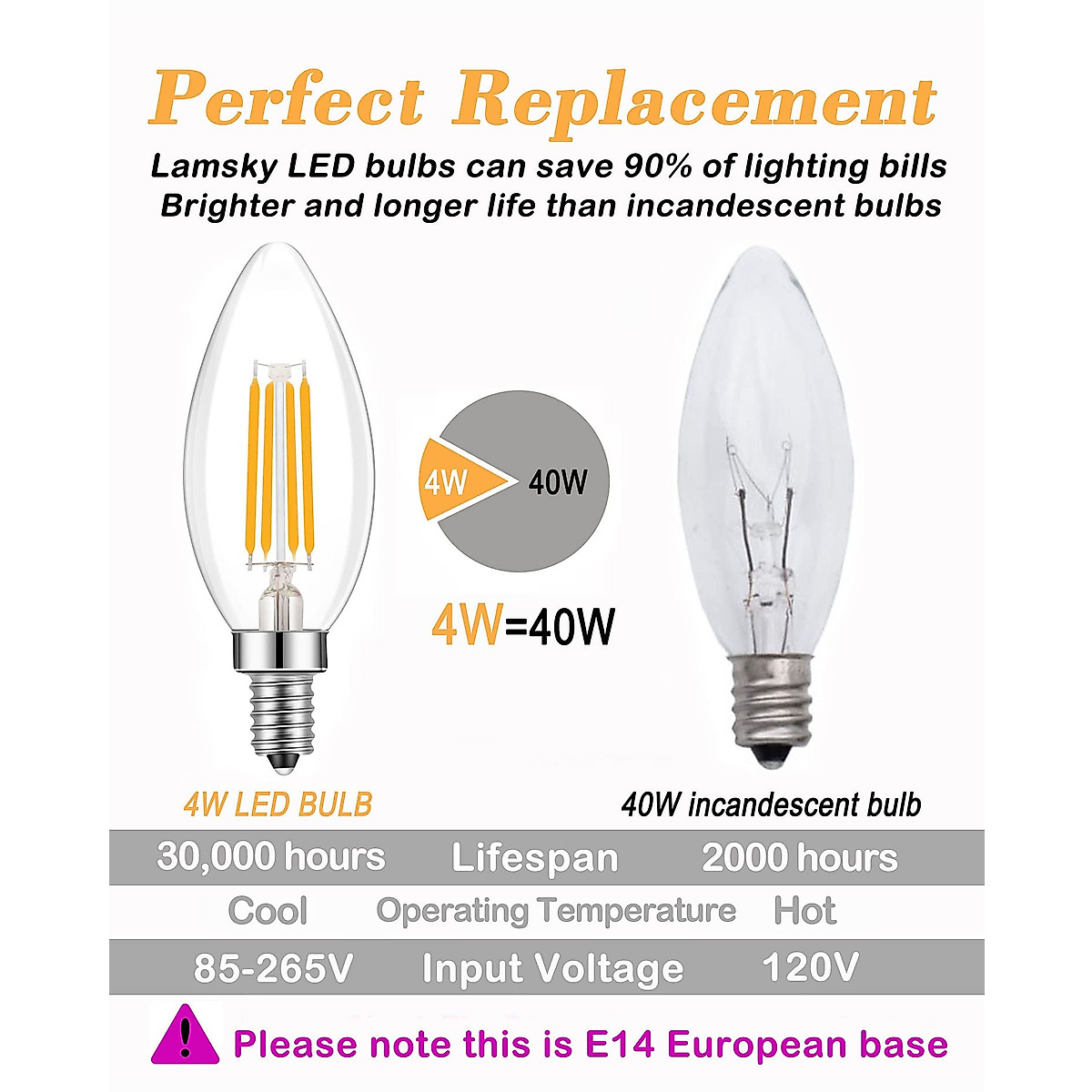 Lamsky E14 Base LED Filament Candle Shape Light Bulb,E14 European Base Bulb,Warm White 2700K 400LM 40W Equivalent,C35 Clear Glass Torpedo Shape Bullet Top,No-Dimmable (4-Pack)