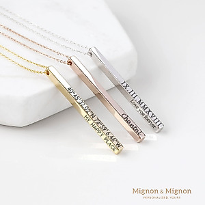 MignonandMignon Personalized Vertical Bar Necklace Coordinate Jewelry Mothers Day Gifts for Her Roman Numeral Graduation Gift Engraved 3D Necklaces for Women Initial Necklace - 4SBN