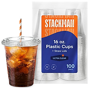 [100 Sets - 16 oz.] Clear Plastic Cups with Straw Slot Lid, PET Crystal Clear Disposable 16oz