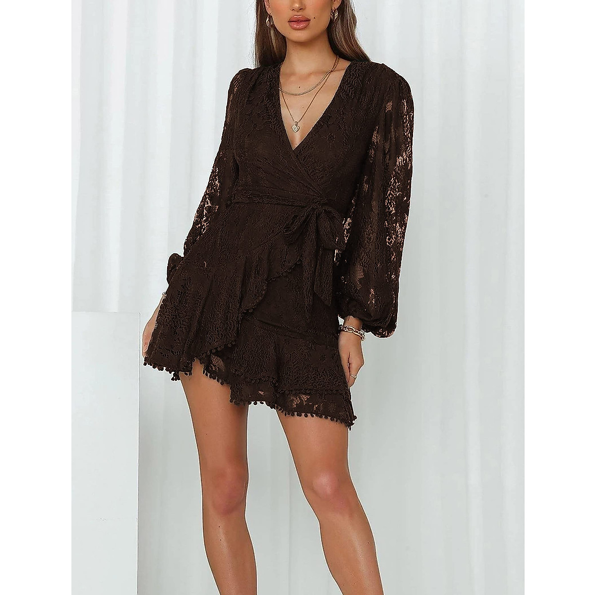 Women Longsleeve Ruffle Wrap Lace Mini Dress Deep V-Neck Lantern Sleeve Tie Waist Casual Dress for Wedding Guest Chocolate