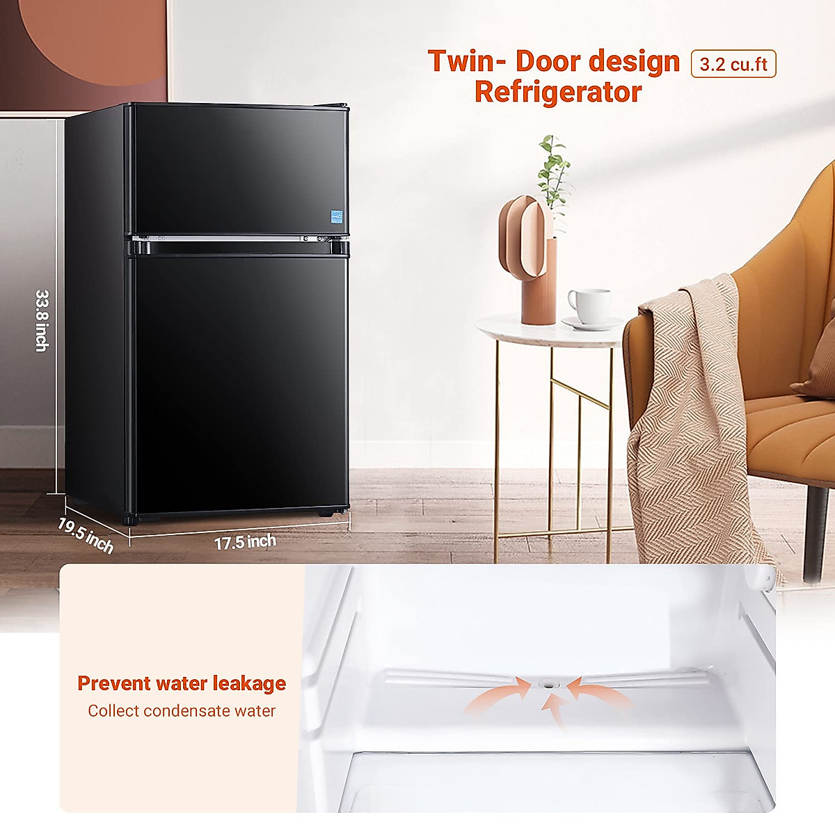 DSF Mini Fridge with Freezer, 3.2 Cu.Ft Mini Refrigerator, 2 Door, 37DB Low Noise, Engery Saving with LED Light, Low-frost Mini Fridge for Bedroom, Office, Dorm, RV, Apartment, Black- MPBFD321