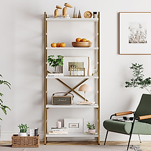 Vongrasig 5 Tier Bookshelf, Modern Tall Bookcase, Industrial Book Shelves Display Standing Shelf, Free Standing Storage Organizer for Bedroom, Living Room, White+Gold