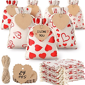 Valentine's Day Burlap Bags, Heart Burlap Drawstring Bags, 5 x7 Inch Heart Canvas Muslin Bags with Kraft Paper Tags, Candy Burlap Drawstring Bags for Valentines DIY Craft Wedding Party Favor (24 Pack)