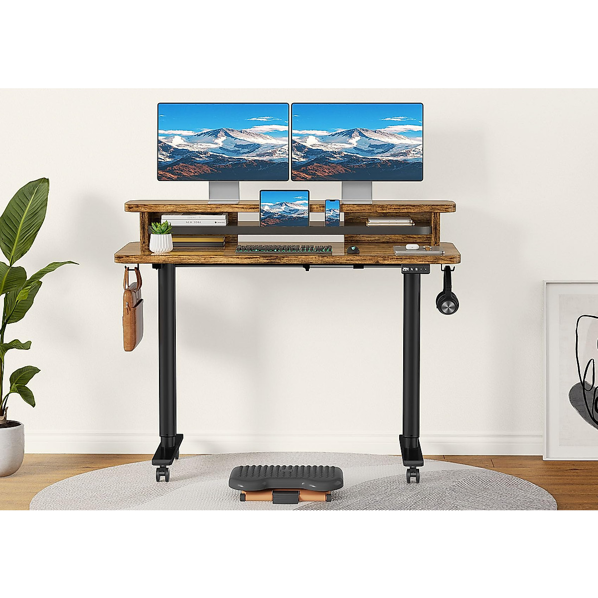 Flycity Electric Standing Desk with Dual Monitor Stand, Height Adjustable Desk Sit Stand Desk with Memory Controller, Casters & 2 Hooks, Low Noise Home Office Desk (Rustic Brown, 48" x 24")