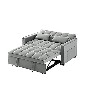 FULife Bed Convertible Sofa Pull-Out Sleeper, Loveseat Futon Sofá Chair w/Adjustable Reclining Backrests,Side Pockets&2 Pillows,Velvet Small Love Seat Lounge Couch, Grey-b