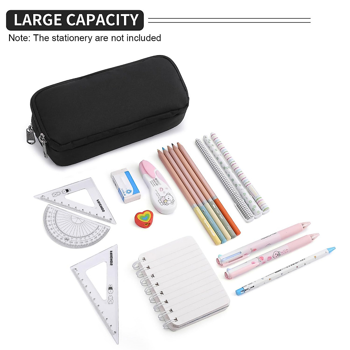 Della Gao Pencil Case for School Students Girls Boys Large Capacity Adult Pen Maker Pencil Pouch Office Organizer Simple Durable Multifunctional Pencil Bag Black