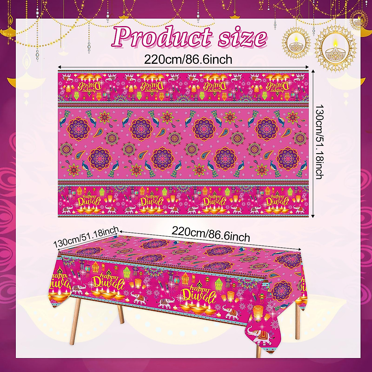 HOWAF 3 Pack Happy Diwali Tablecloth Diwali Diyas Party Table Cloth Festival of Lights Plastic Table Cover Waterproof PVC Disposable Tablecloths for Indian Deepavali Favor Decorations, 51x86 inch