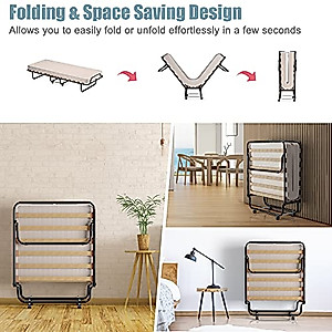 Giantex Folding Bed with 3" Mattress for Adults, Made in Italy, Rolling Foldaway Guest Bed, Memory Foam Mattress, Sturdy Metal Frame, Cot Size Portable Foldable Hideaway Bed, Easy to Store (Beige)
