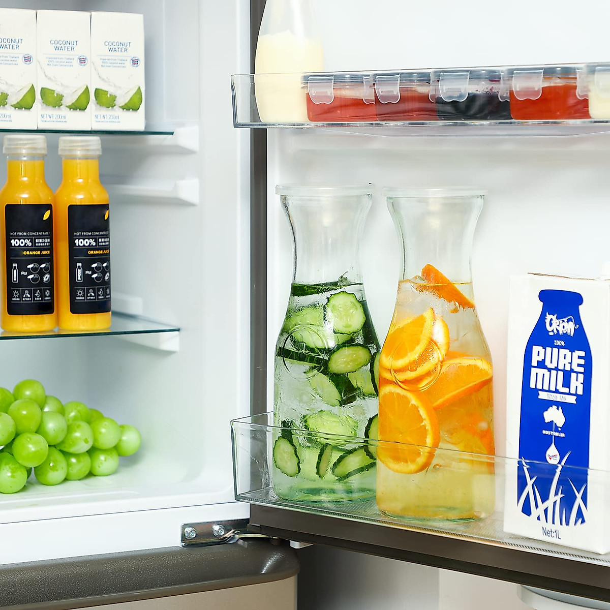 CUCUMI 6pcs 35oz Glass Carafe with Lids, Glass Juice Carafe Set for Mimosa Bar, Bubbly Bar, Brunch, Iced Tea, Parties Banquets