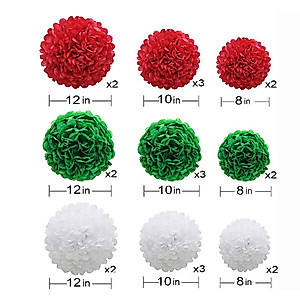 Red Green White Paper Pom Poms, Party Decoration Kit 21pcs of 8,10,12 inch Tissue Flowers for Christmas Graduation Birthday Fiesta Celebration Events
